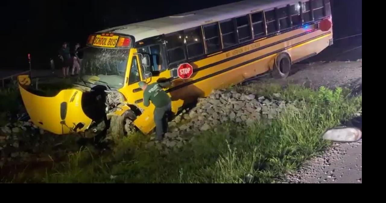 Live: School bus goes off road, ramps culvert, crashes | Video ...