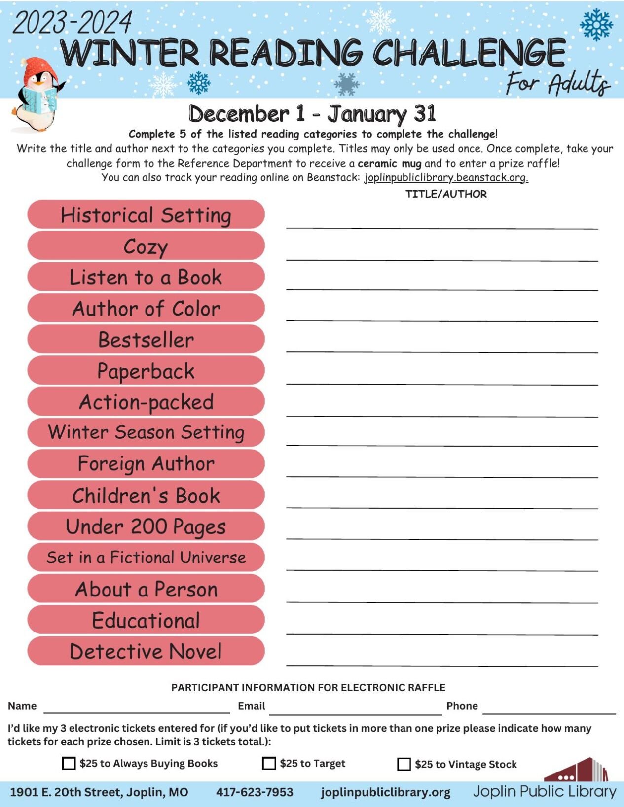 Choose your categories, dive into Winter Reading Challenge - for adults ...