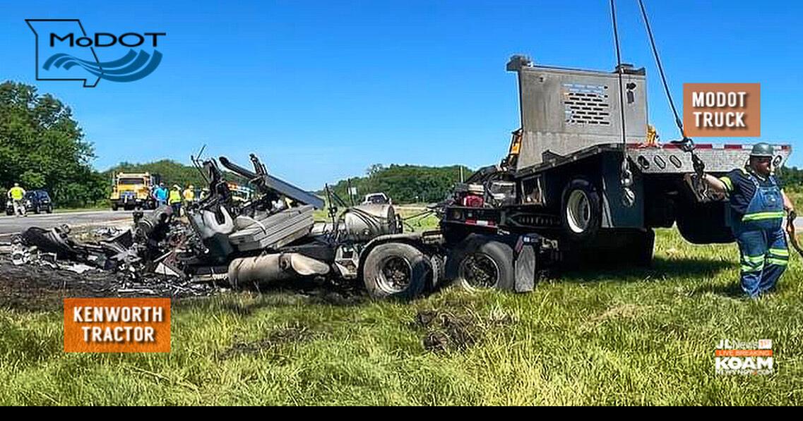 MoDOT striping caravan truck rear ended by semi, then explodes into ...