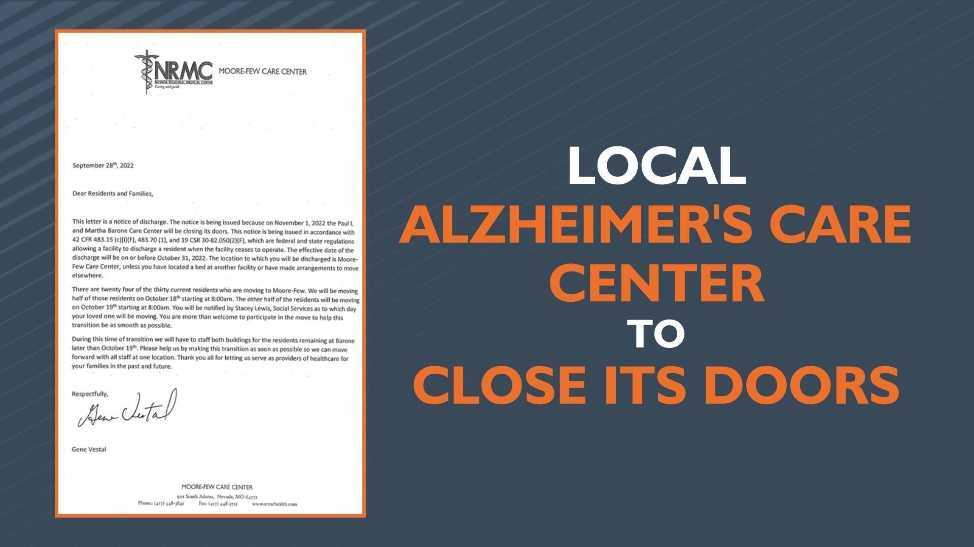 Local Alzheimer’s care center to close its doors in a month | Health ...