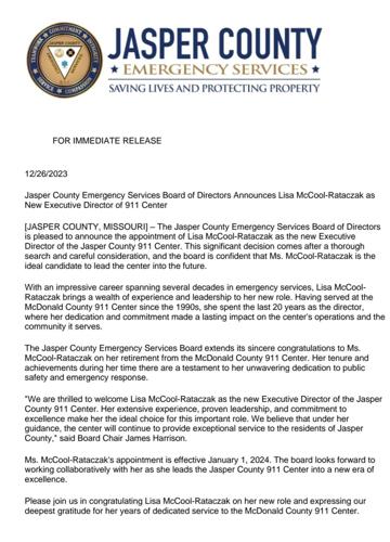Jasper County 911 announce new Executive Director, Lisa McCool-Rataczak ...