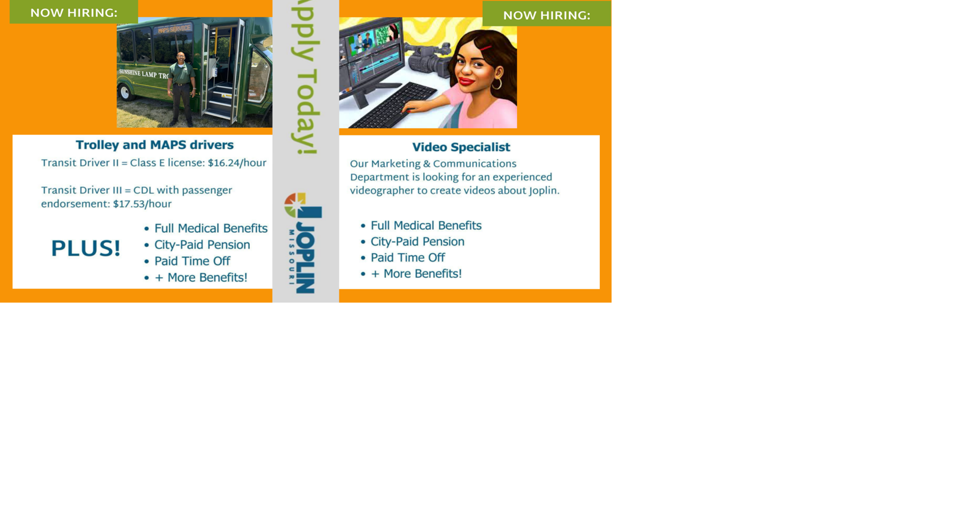 City of Joplin is hiring; MAPS/Trolley Drivers and Video Specialist ...