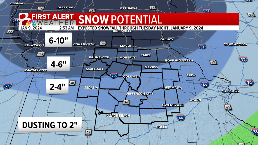 Snowfall accumulation forecast for Columbia, Jefferson City | Weather ...