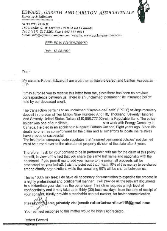 Scam Alert: Letter from law firm representing the estate of a deceased ...