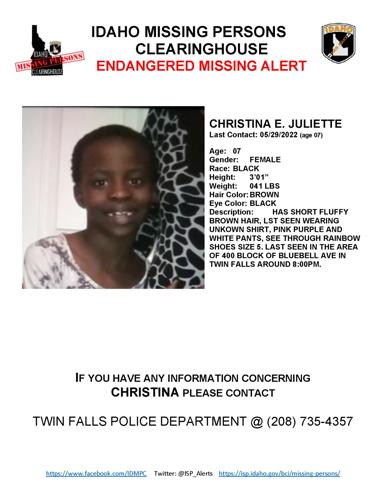 UPDATE: Endangered Girl Has Been Found and is Safe | Local News | kpvi.com