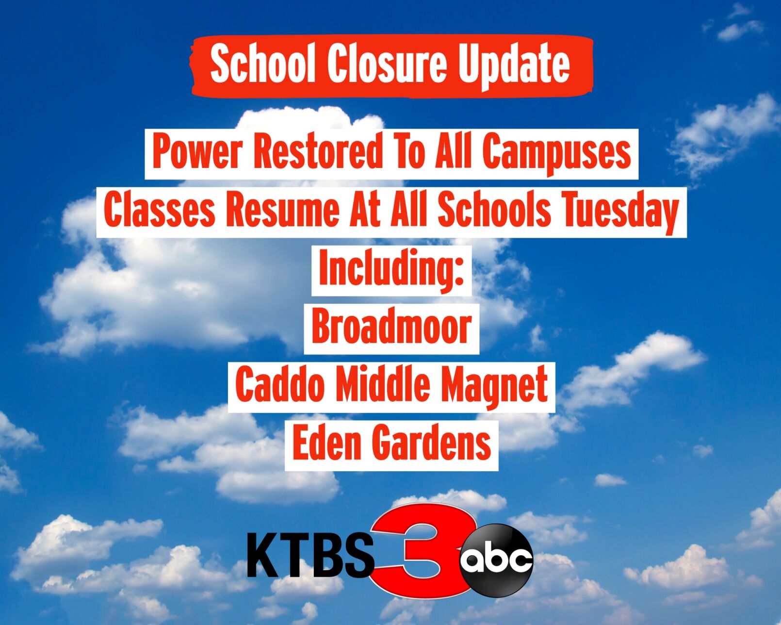 Classes to resume at Caddo schools after power restored | News | ktbs.com