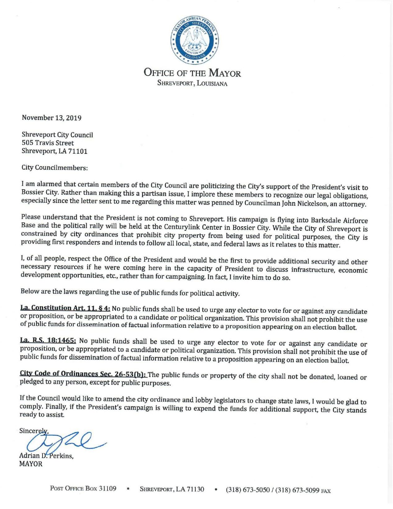 Mayor Adrian Perkins' letter | | ktbs.com