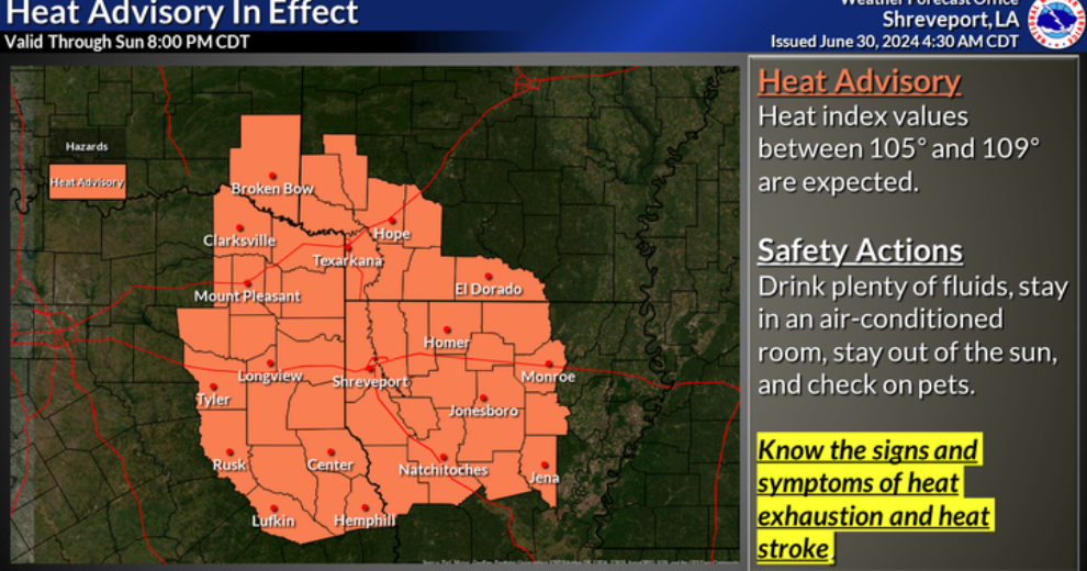 Heat advisory has been extended to Sunday at 8 p.m. | | ktbs.com