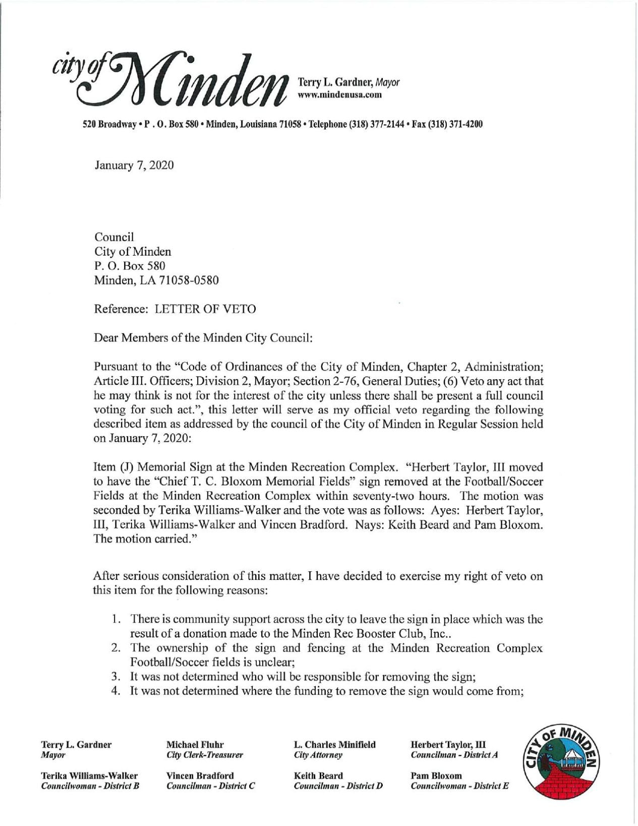 Minden mayor veto letter | | ktbs.com