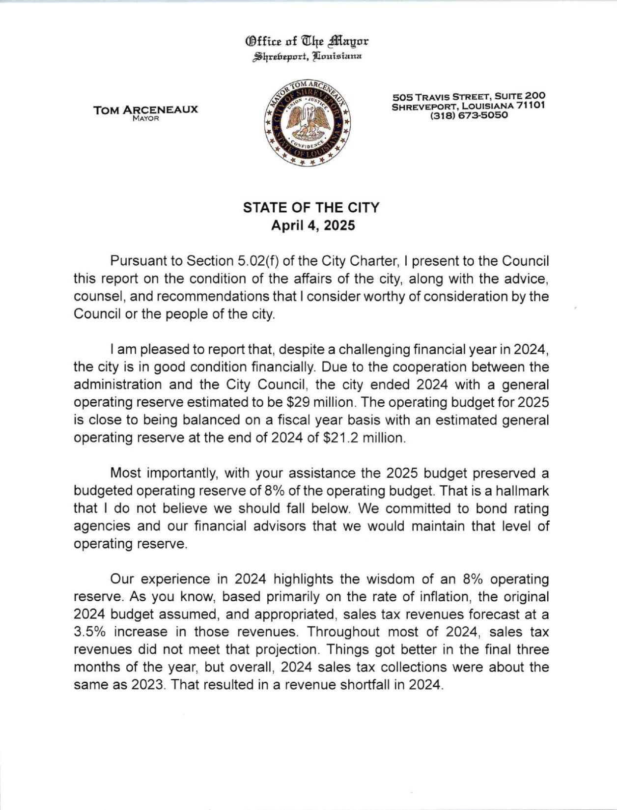 Mayor Tom Arceneaux releases state of the city report | News | ktbs.com