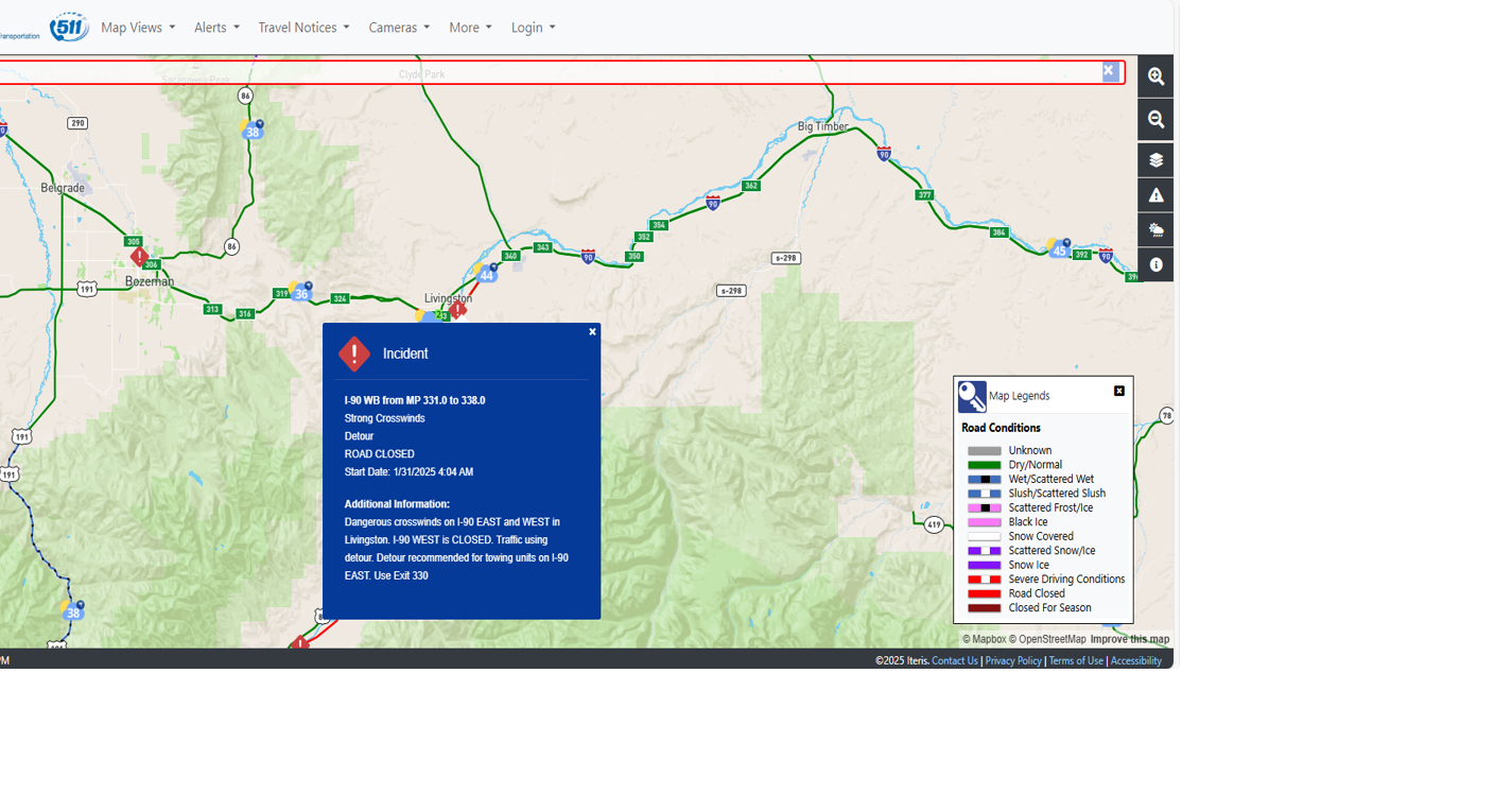 Strong crosswinds close I-90 westbound in Livingston | Bozeman | kulr8.com