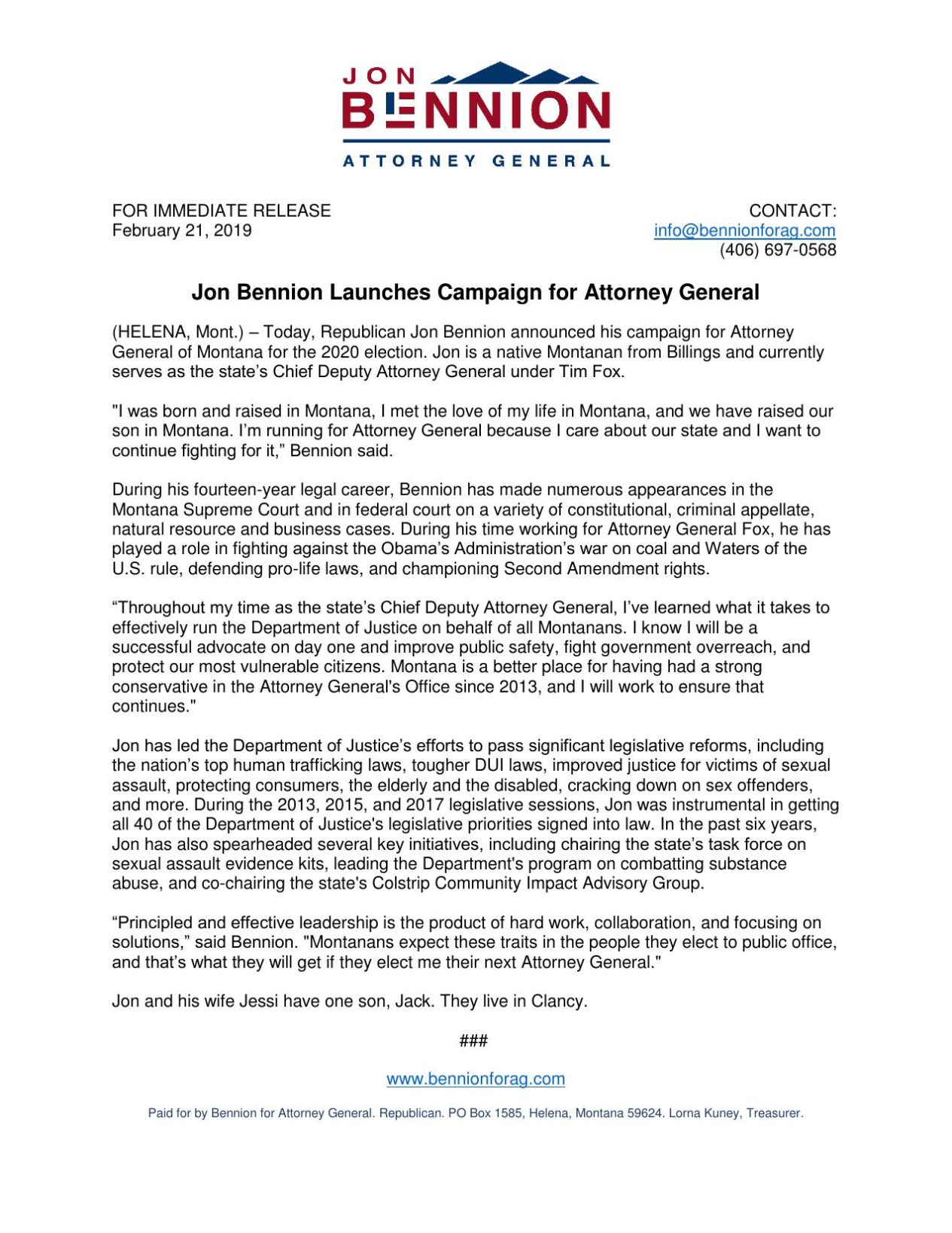 Jon Bennion Launches Campaign for Attorney General | Montana Politics ...