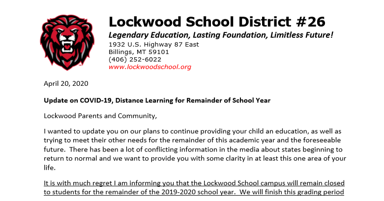 Lockwood Schools to remain closed for rest of school year | Billings ...