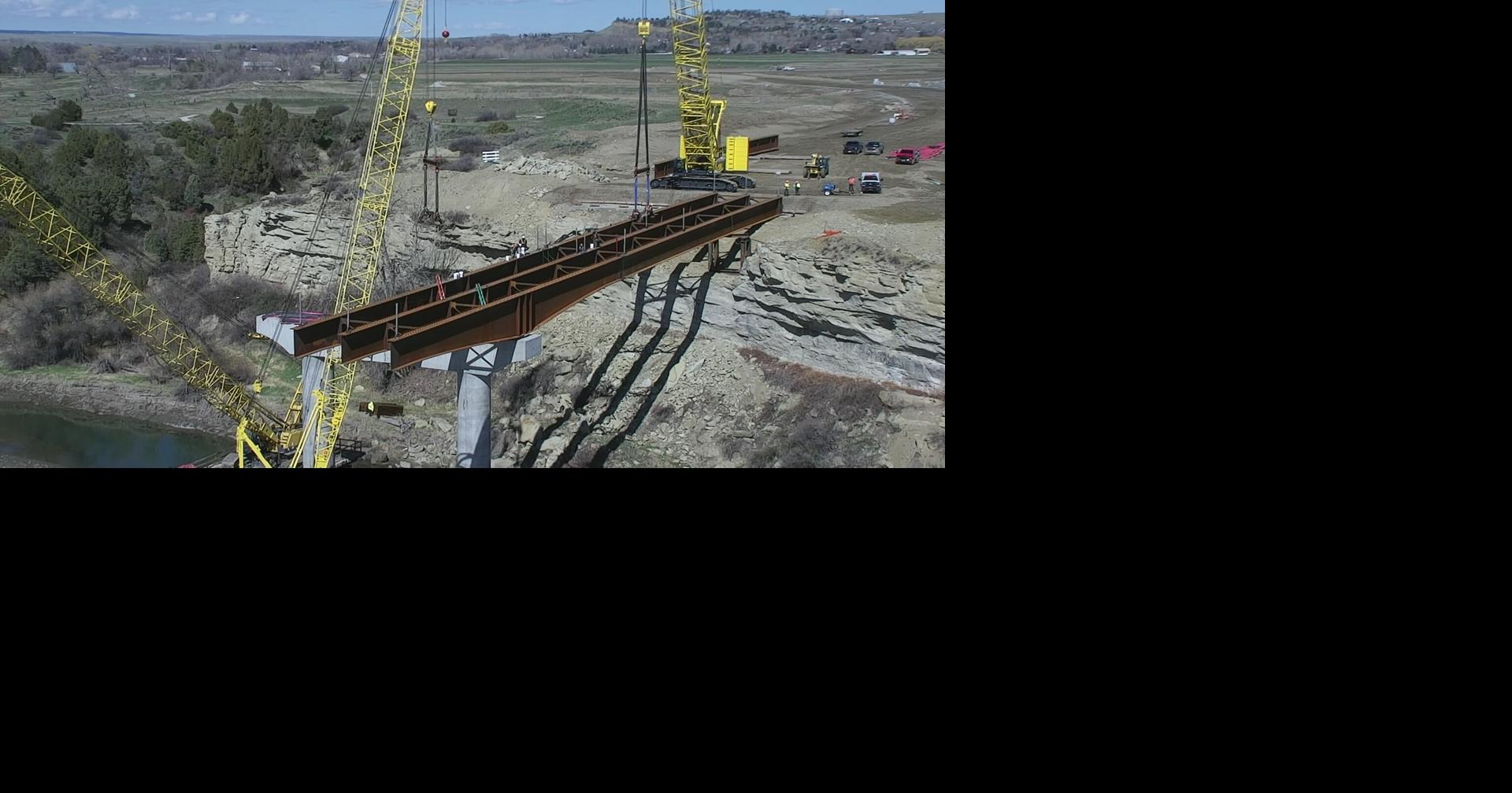 Bridge girders placed on Billings Bypass Yellowstone River Bridge, live ...