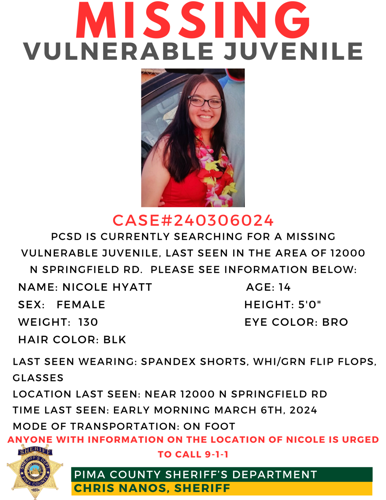 Nicole Hyatt, 14, was last seen early Wednesday morning | | kvoa.com