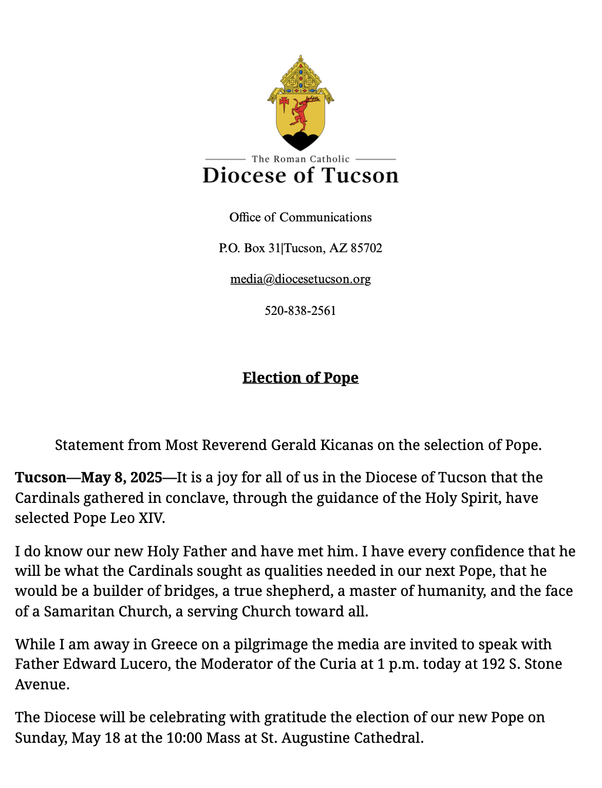 New Pope Leo XIV election celebrated by Tucson Diocese | Local News ...