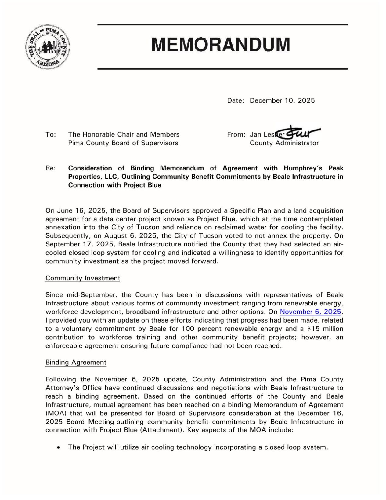 Pima County Board of Supervisors to review binding agreement for Project Blue | Top Stories ...