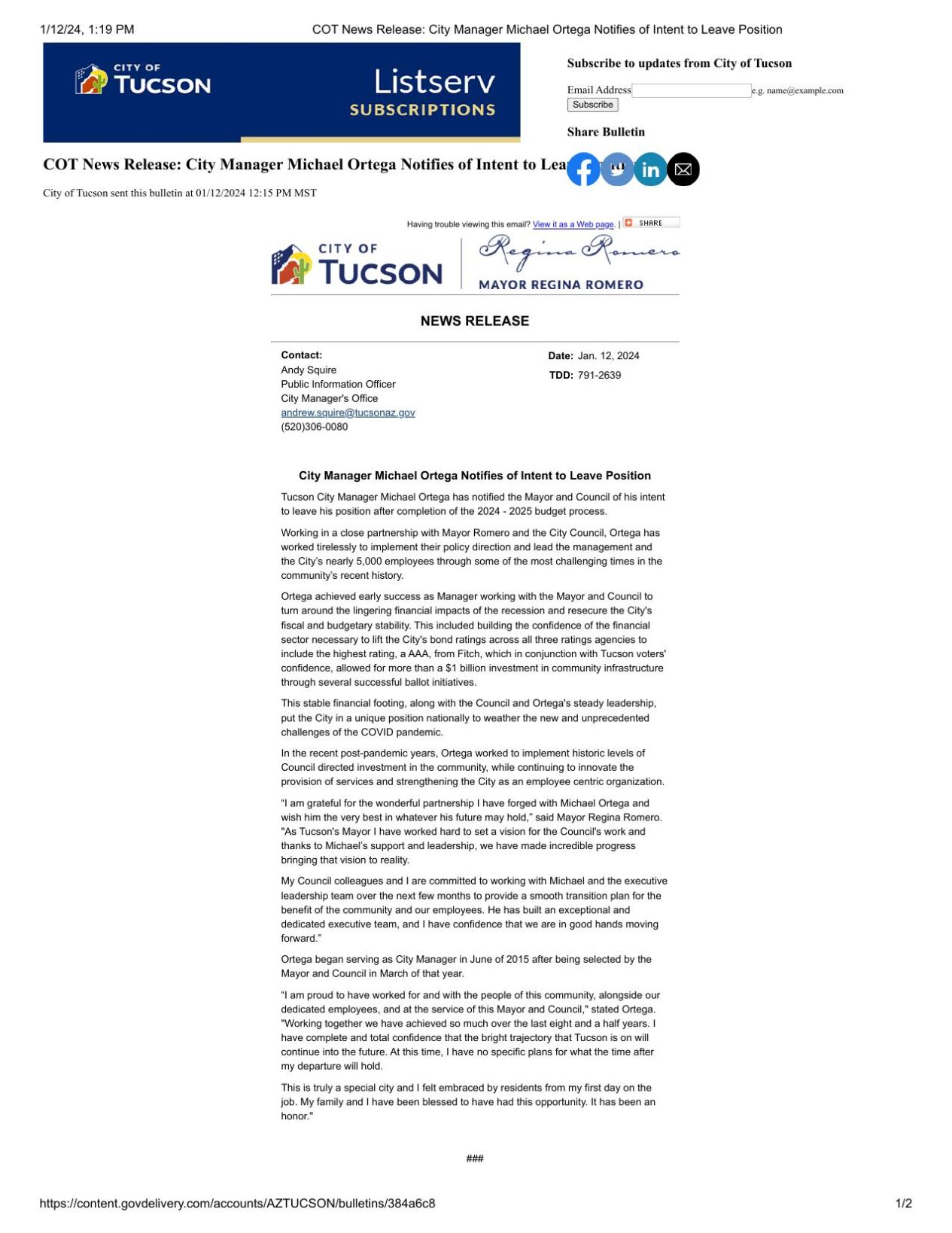 City Manager Michael Ortega leaving position after more than 8 years | News | kvoa.com