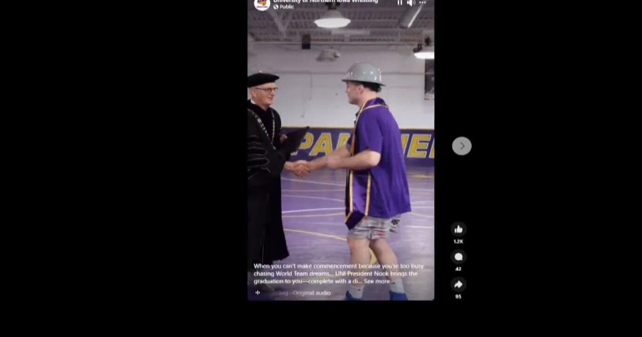 UNI President Mark Nook presents Panther Wrestler Parker Keckeisen with ...