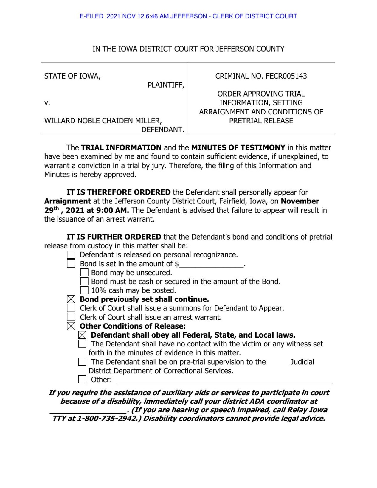 Miller Arraignment Order | | kwwl.com