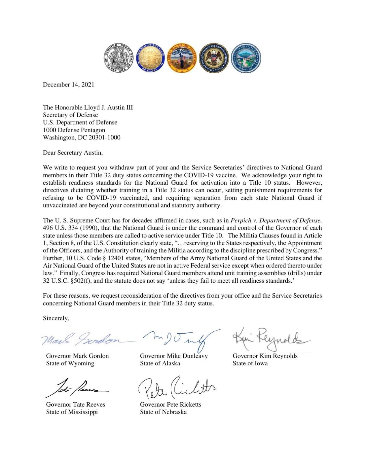 Reynolds, four other governors write letter to Defense Secretary on ...