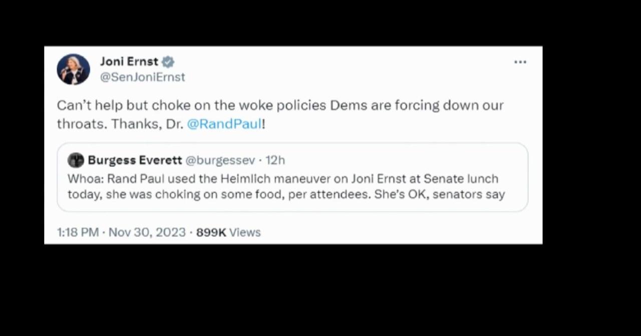 Iowa Senator Joni Ernst saved with Heimlich maneuver by Rand Paul ...