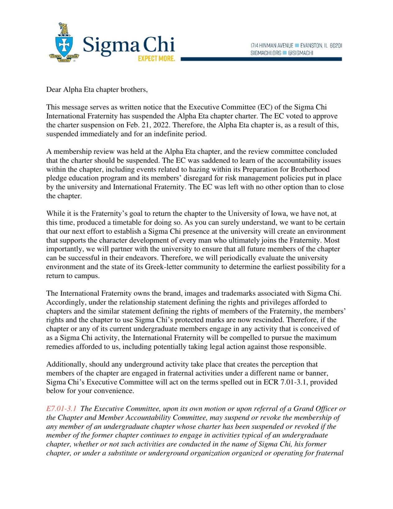 U Of I Sigma Chi Suspended By International Fraternity For Alleged