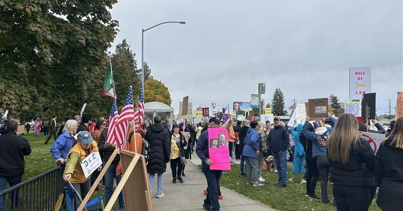 Community members rally for No Kings Protest in Spokane Saturday ...