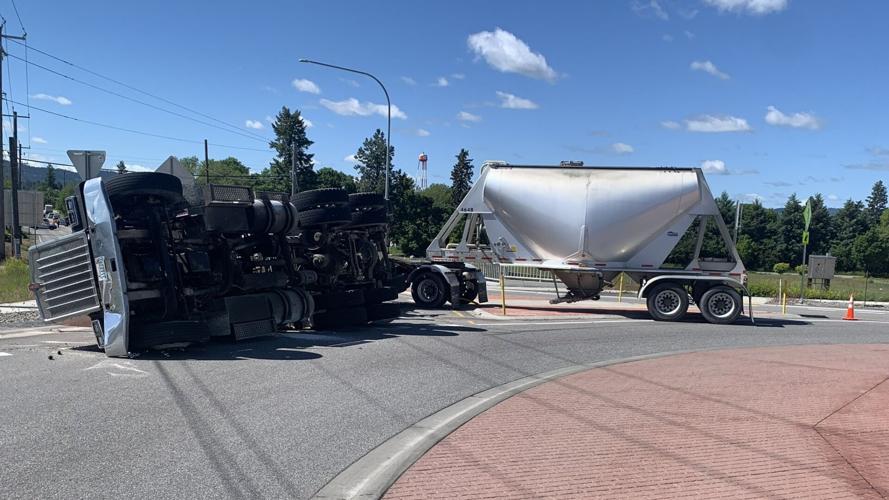 Rolled semi-truck blocking Barker Road roundabout in Liberty Lake ...