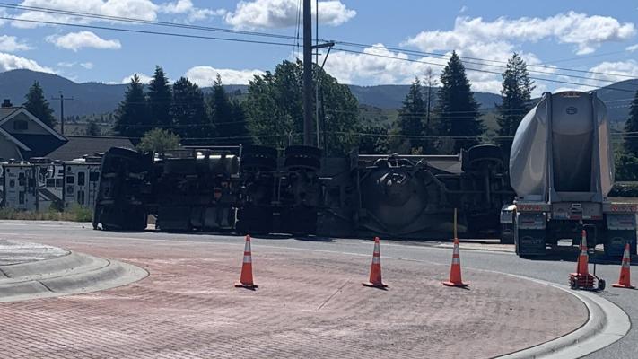 Rolled semi-truck blocking Barker Road roundabout in Liberty Lake ...