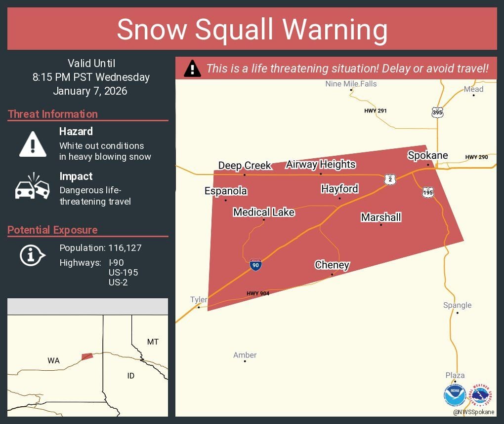 Snow squall batters Spokane — dangerous travel conditions ongoing ...