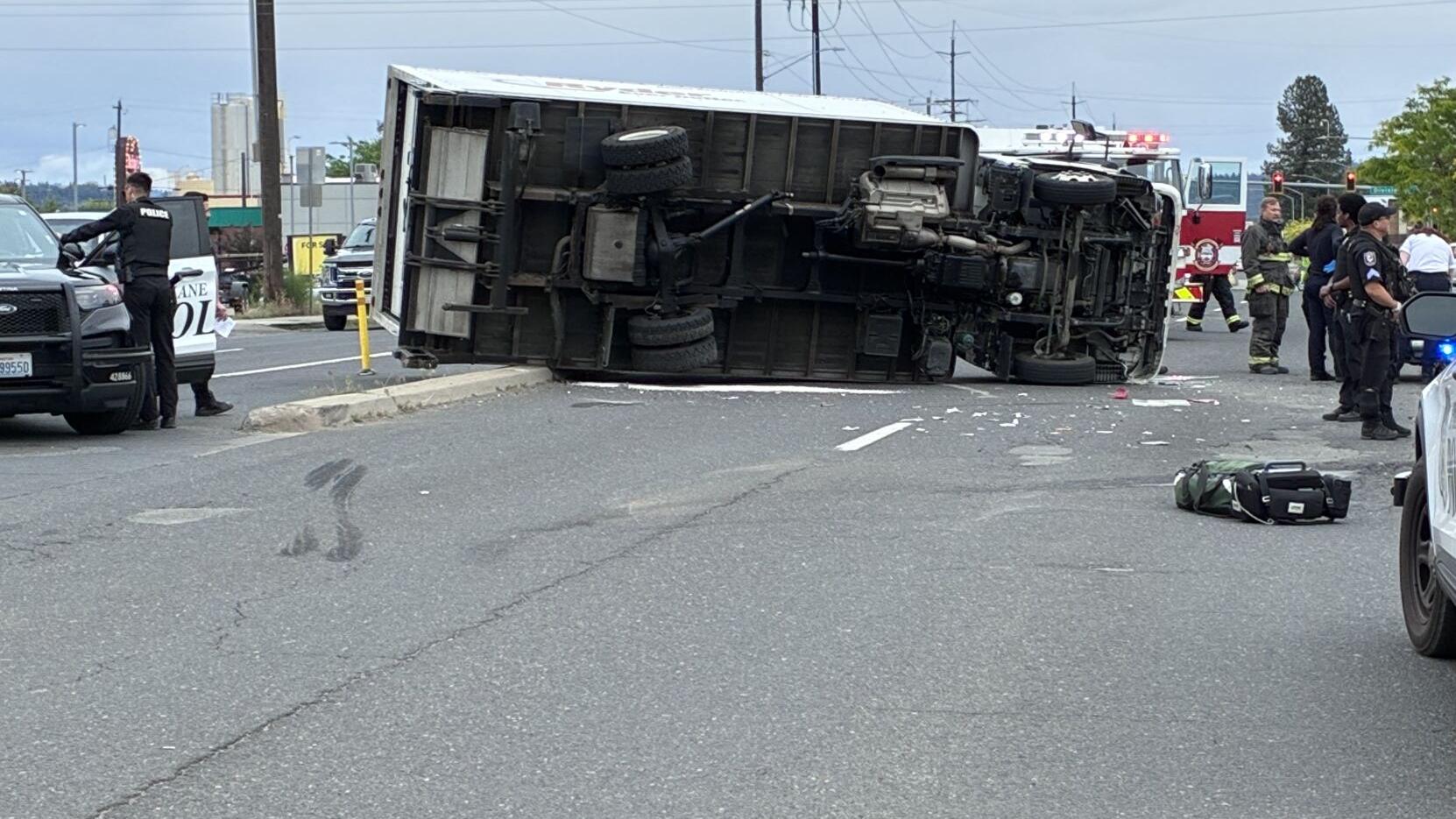Overturned box truck blocks eastbound Francis Avenue in north Spokane ...