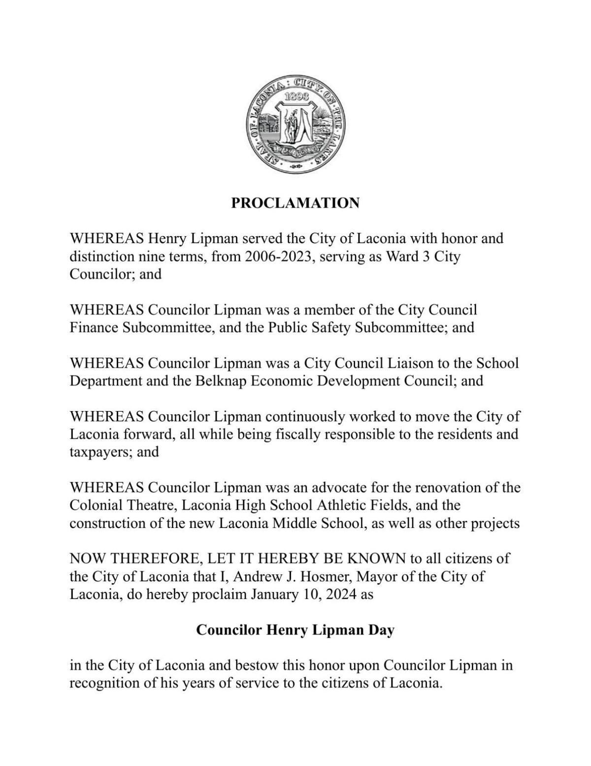 Councilor Henry Lipman Day proclamation | Local News | laconiadailysun.com