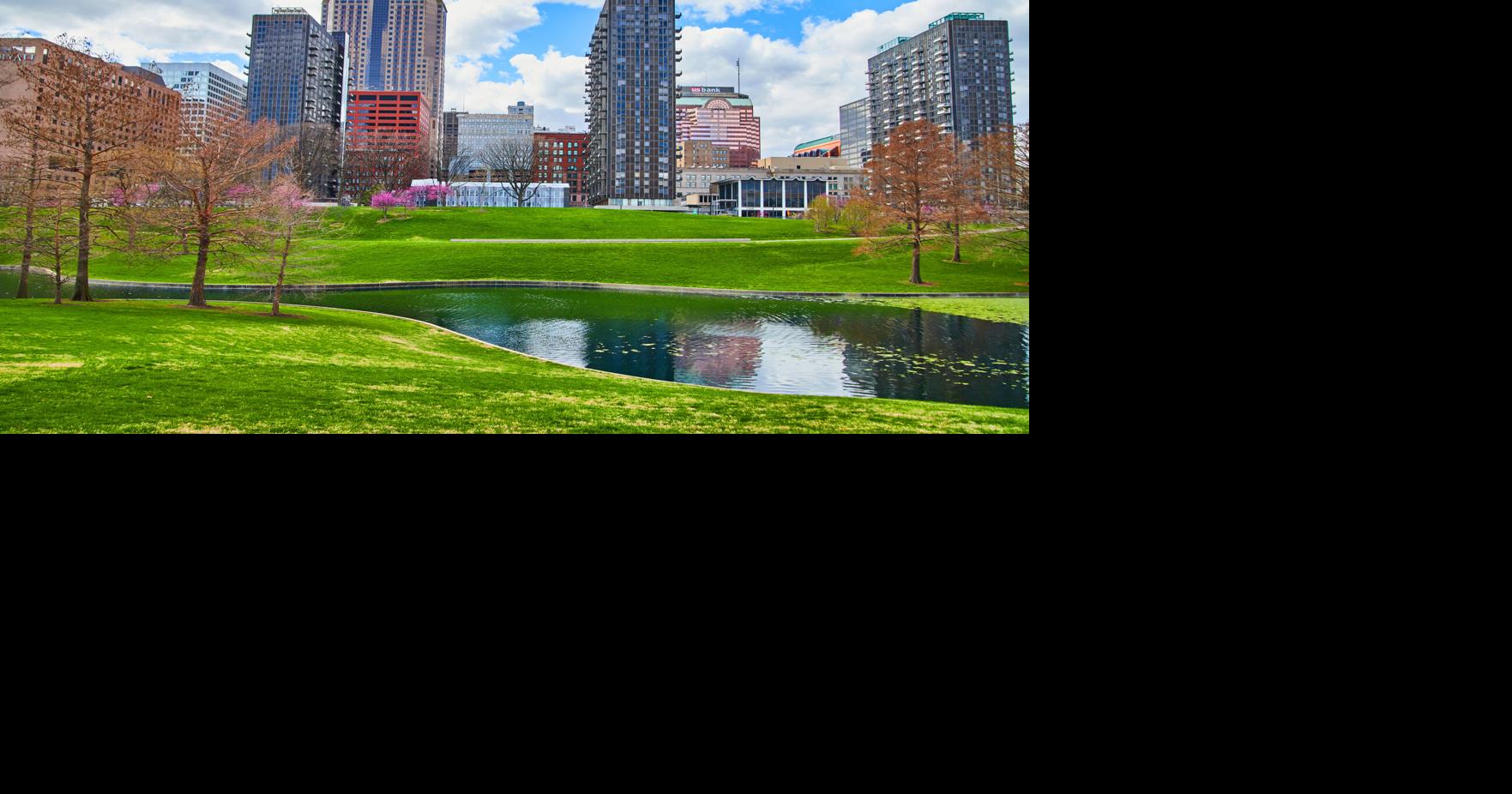 St. Louis downtown next to park with pond in early spring