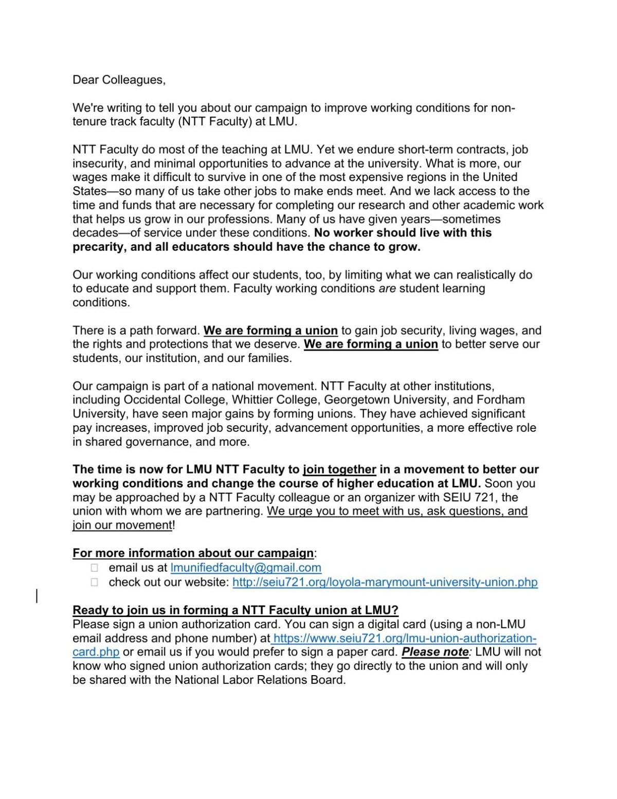 LMU NTT Faculty Organizing Committee Letter | | laloyolan.com