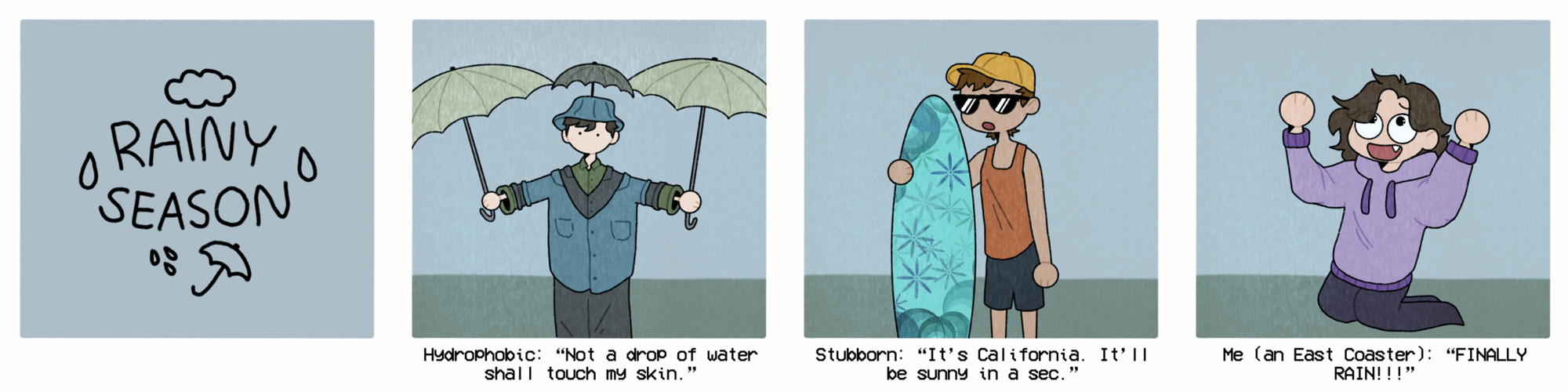 "3 reactions to rain at LMU" Comic Strip | Cartoons | laloyolan.com