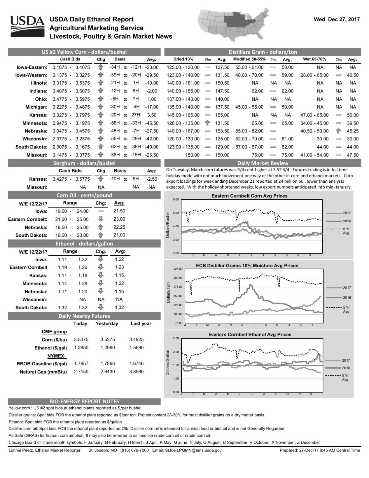 USDA Daily Ethanol Report - 12/30/17 | Grain Market Reports | lancasterfarming.com