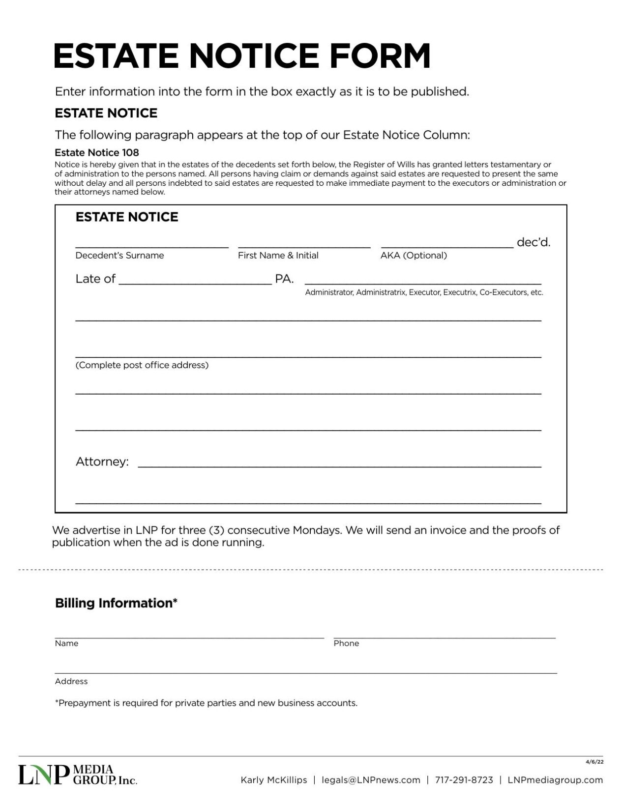 Estate Notice Form | Advertising | lancasteronline.com