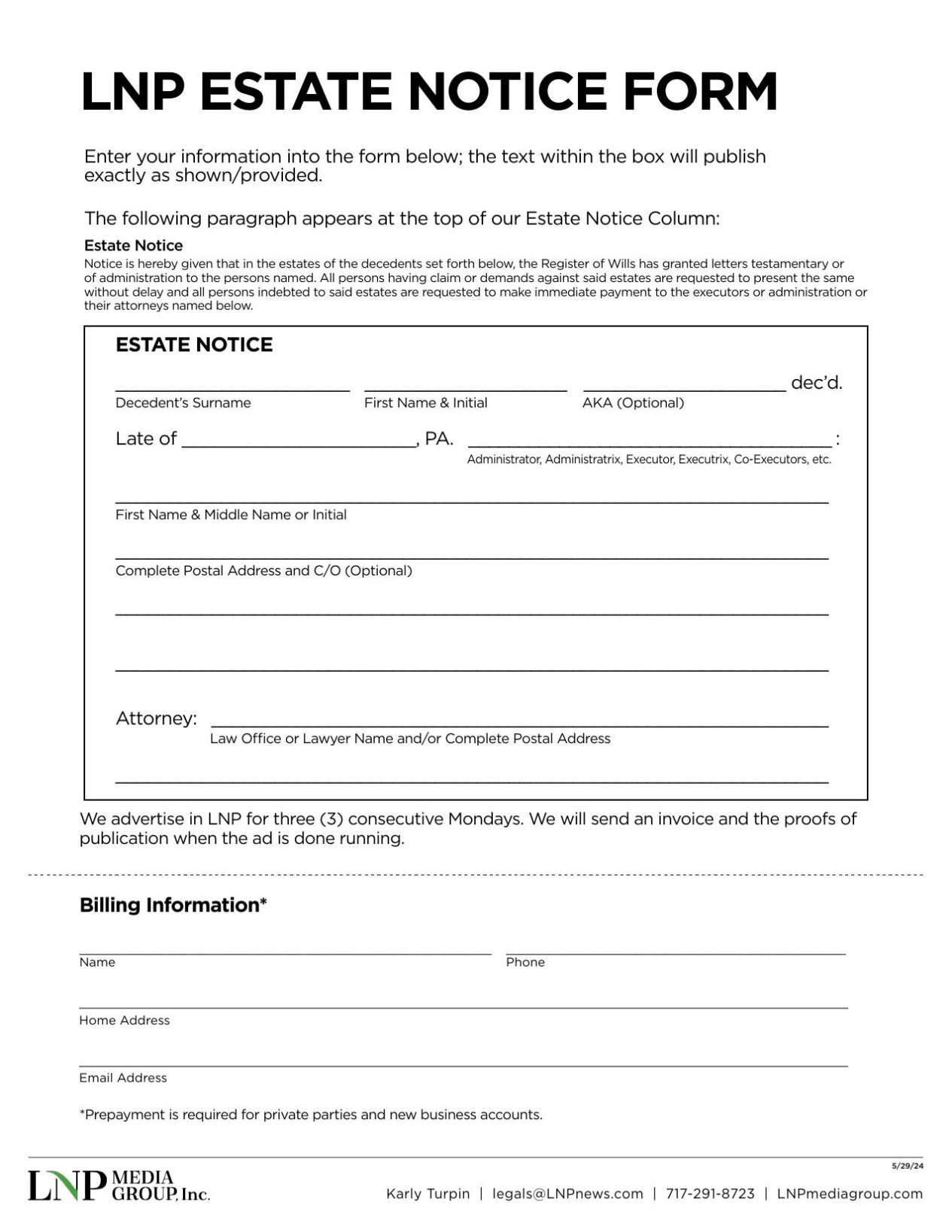 Estate Notice Form | Advertising | lancasteronline.com