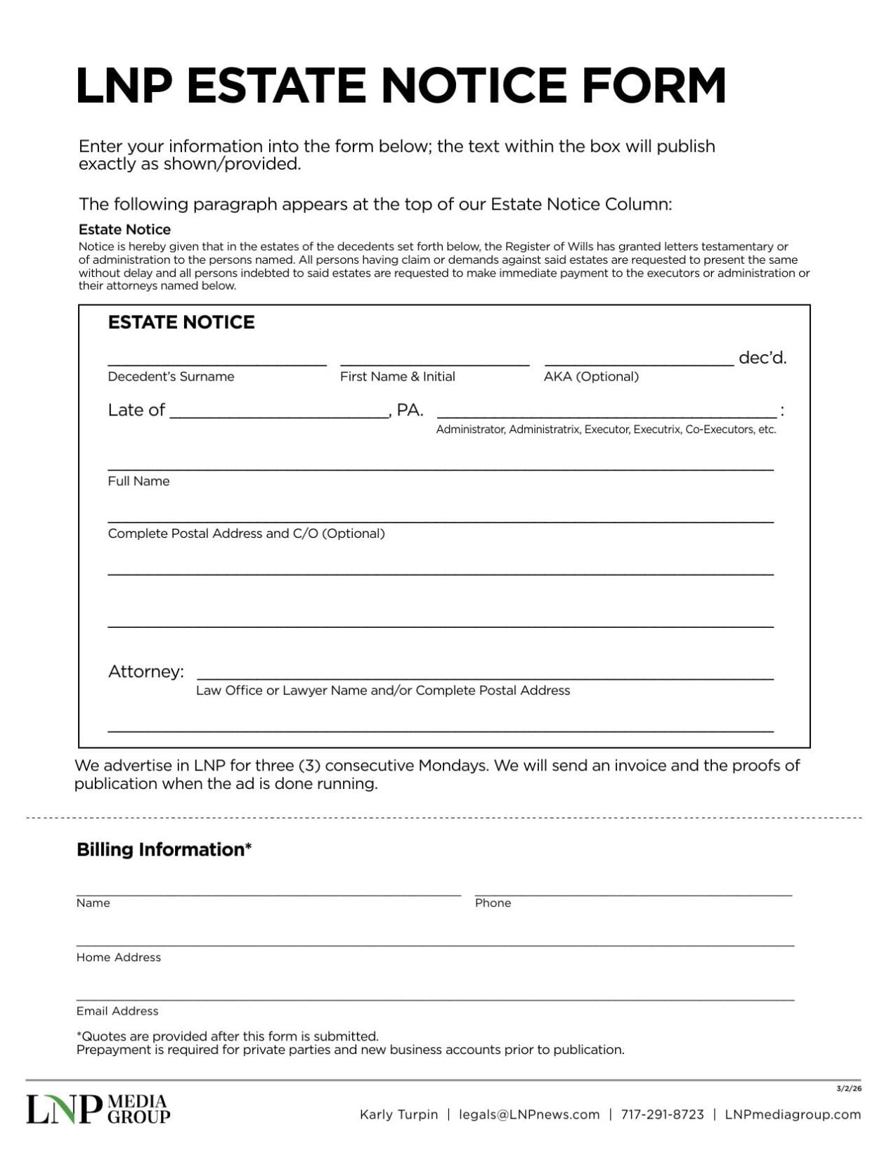 Estate Notice Form | Advertising | lancasteronline.com