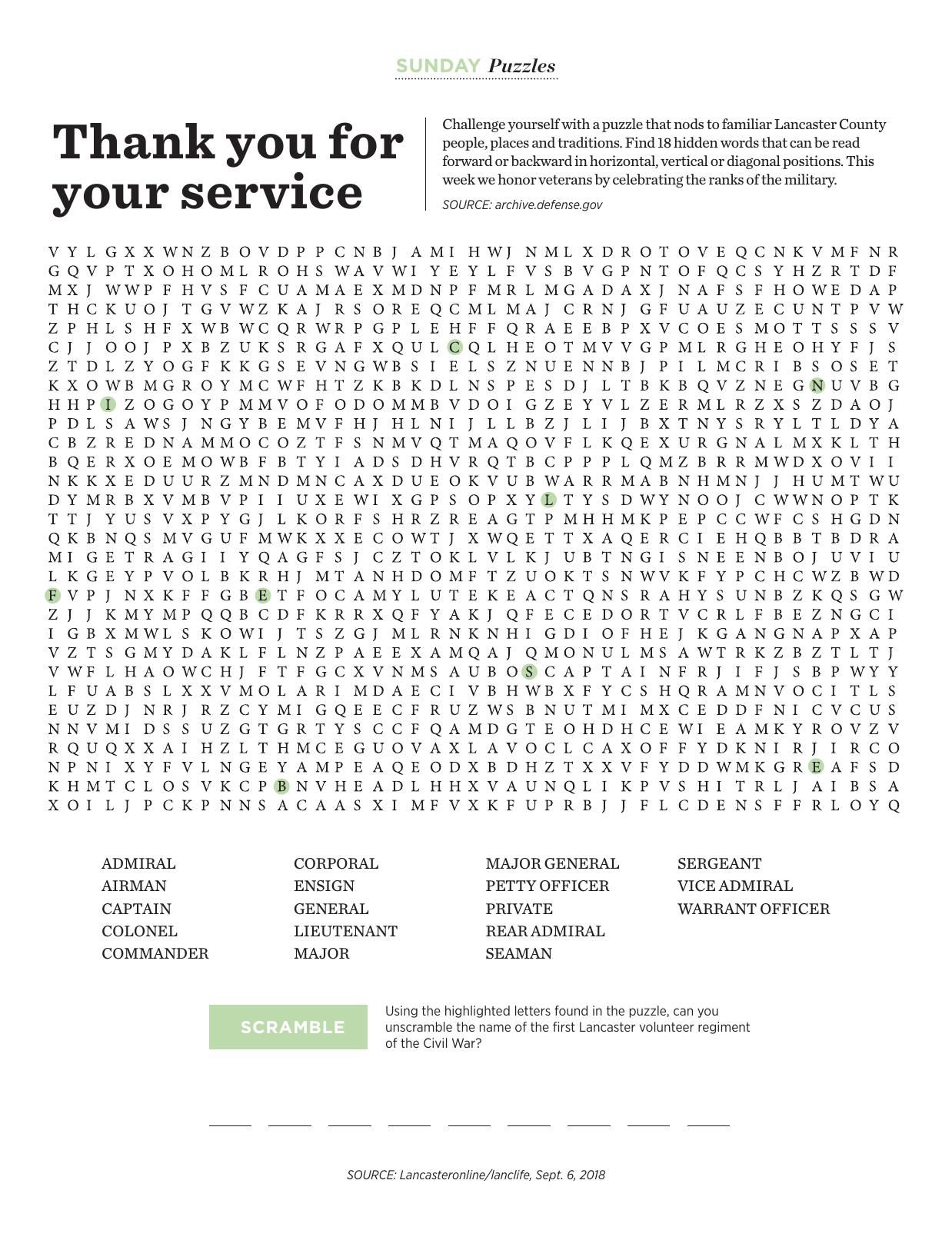 Word Search: Thank you for your service | Sunday | lancasteronline.com