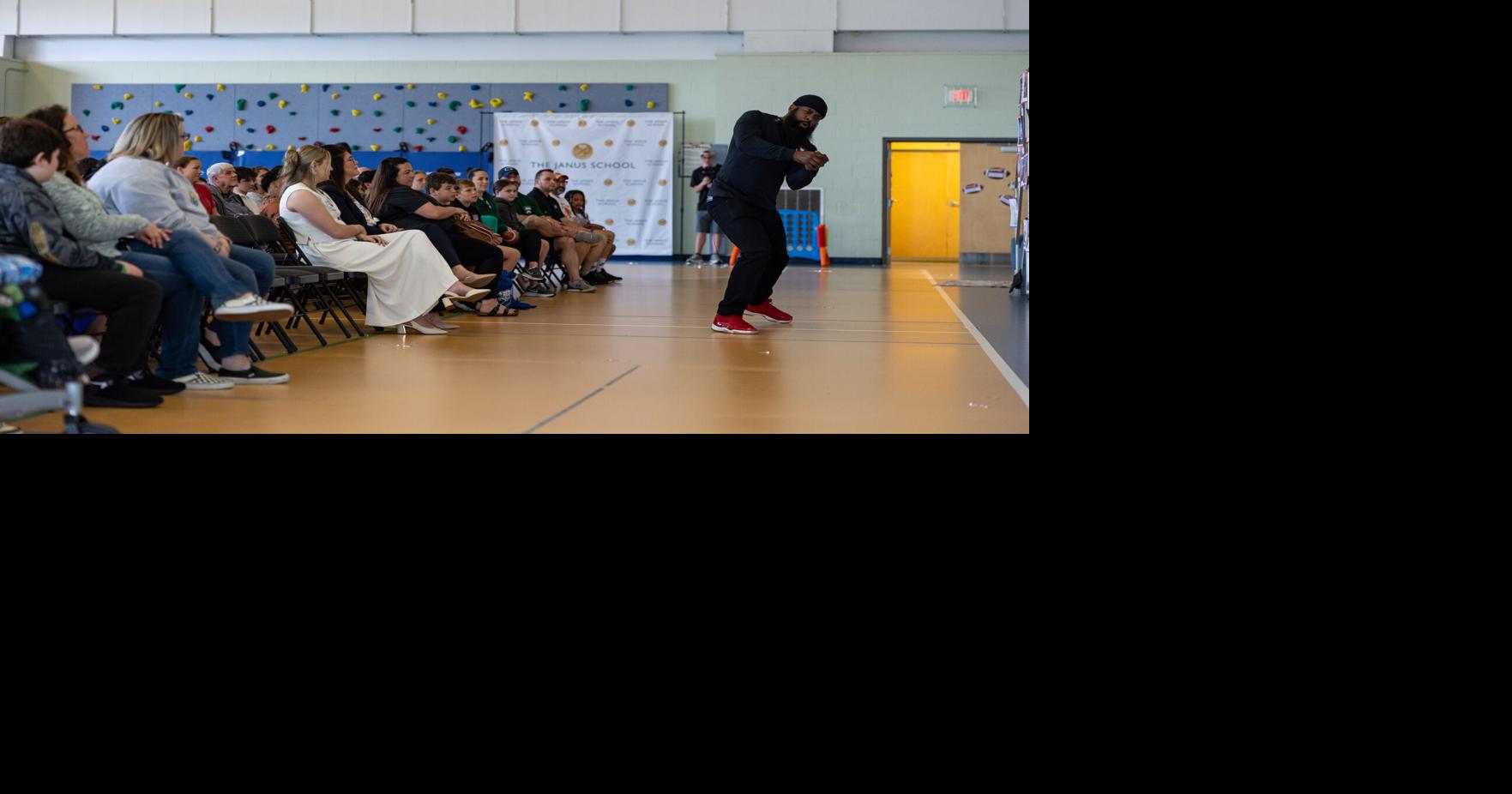 Former NFL player Deon Butler speaks at the Janus School in Mount Joy ...