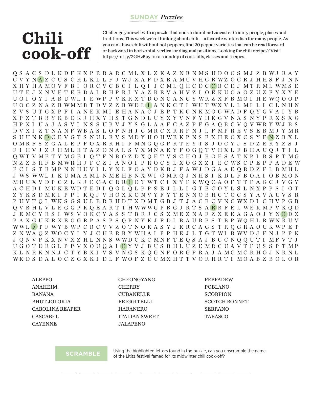 Word Search: Chili cook-off | Sunday | lancasteronline.com