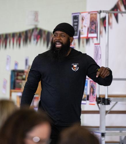 Former NFL player Deon Butler speaks at the Janus School in Mount Joy ...