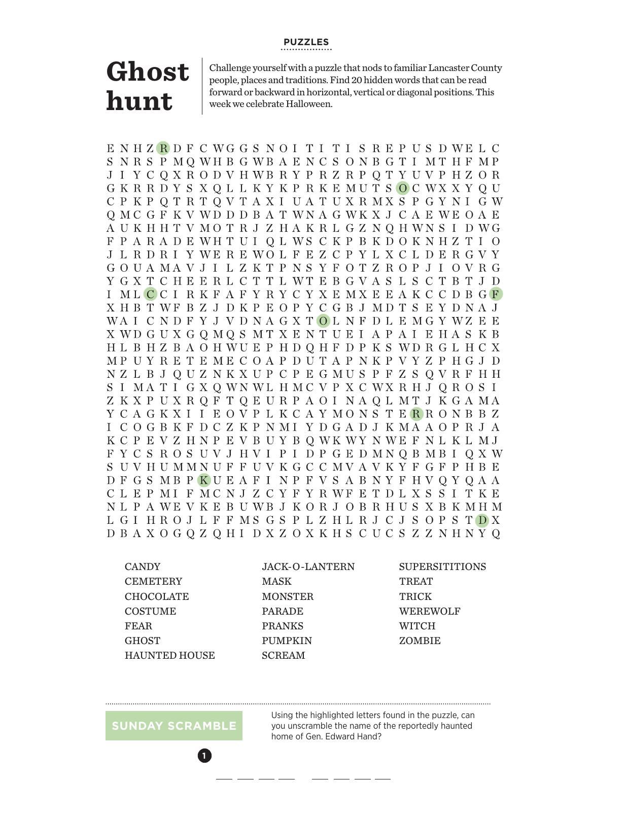 Word Search: Ghost hunt | Sunday | lancasteronline.com