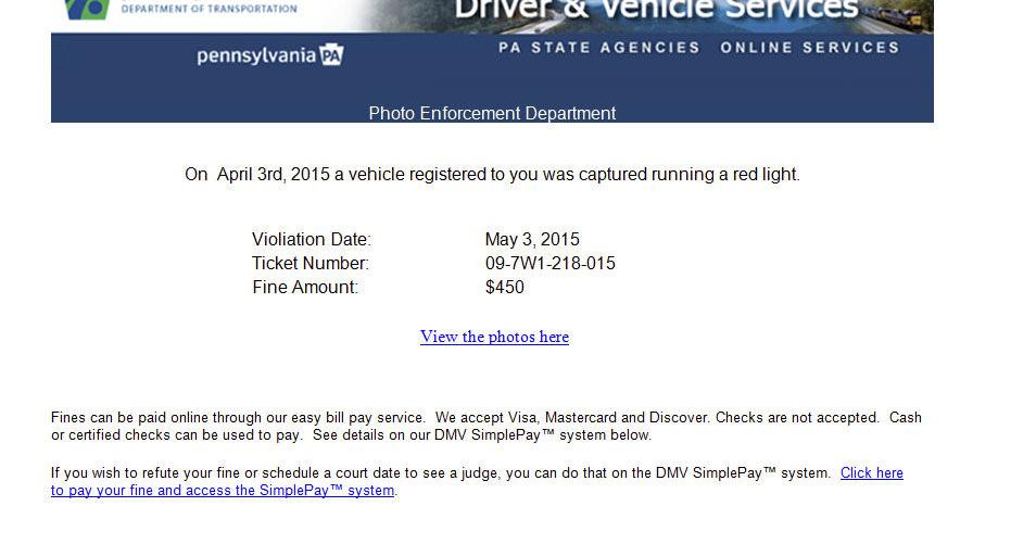 Red light violator email claiming to be from PennDOT is a scam, police ...