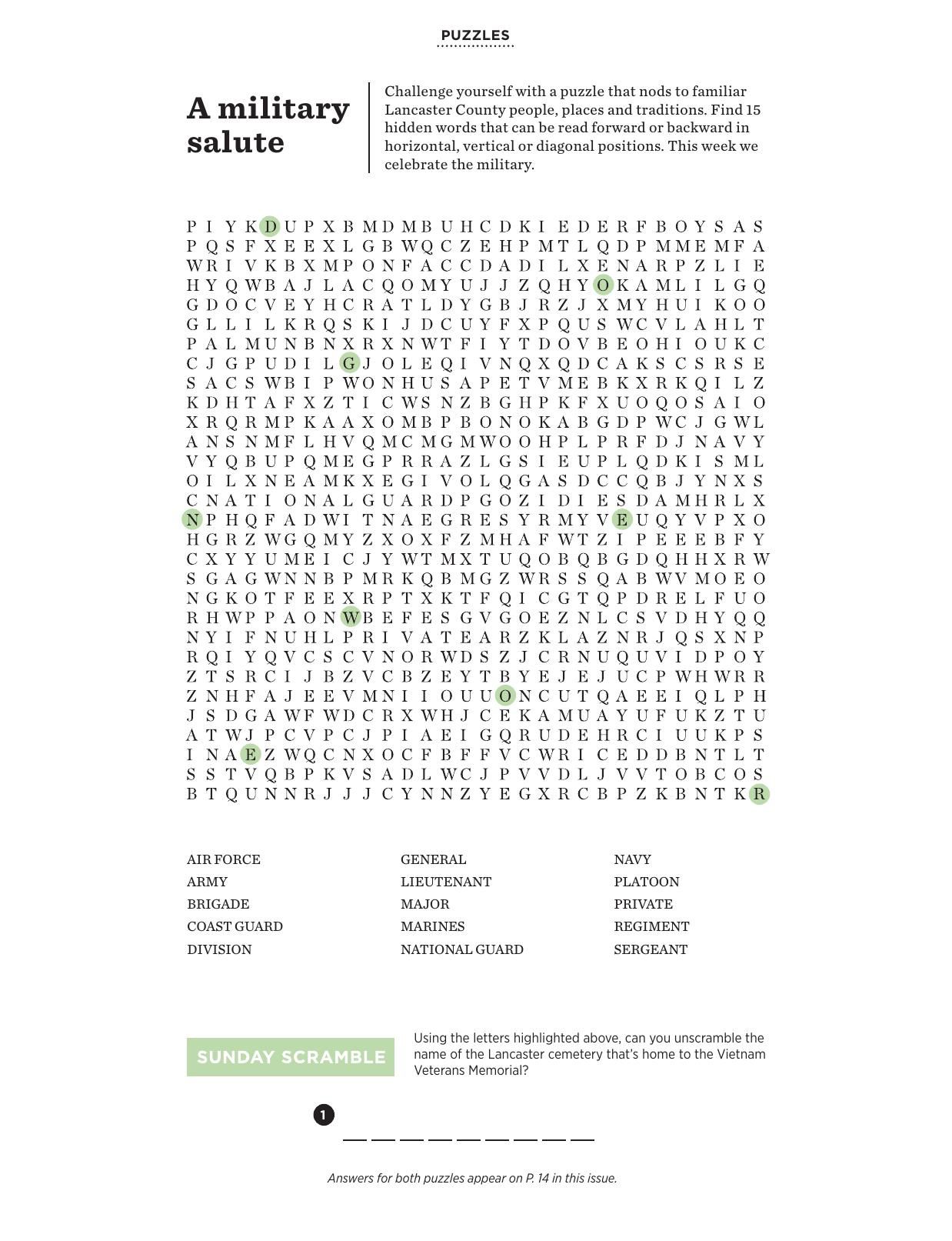 Word Search: A military salute | Sunday | lancasteronline.com