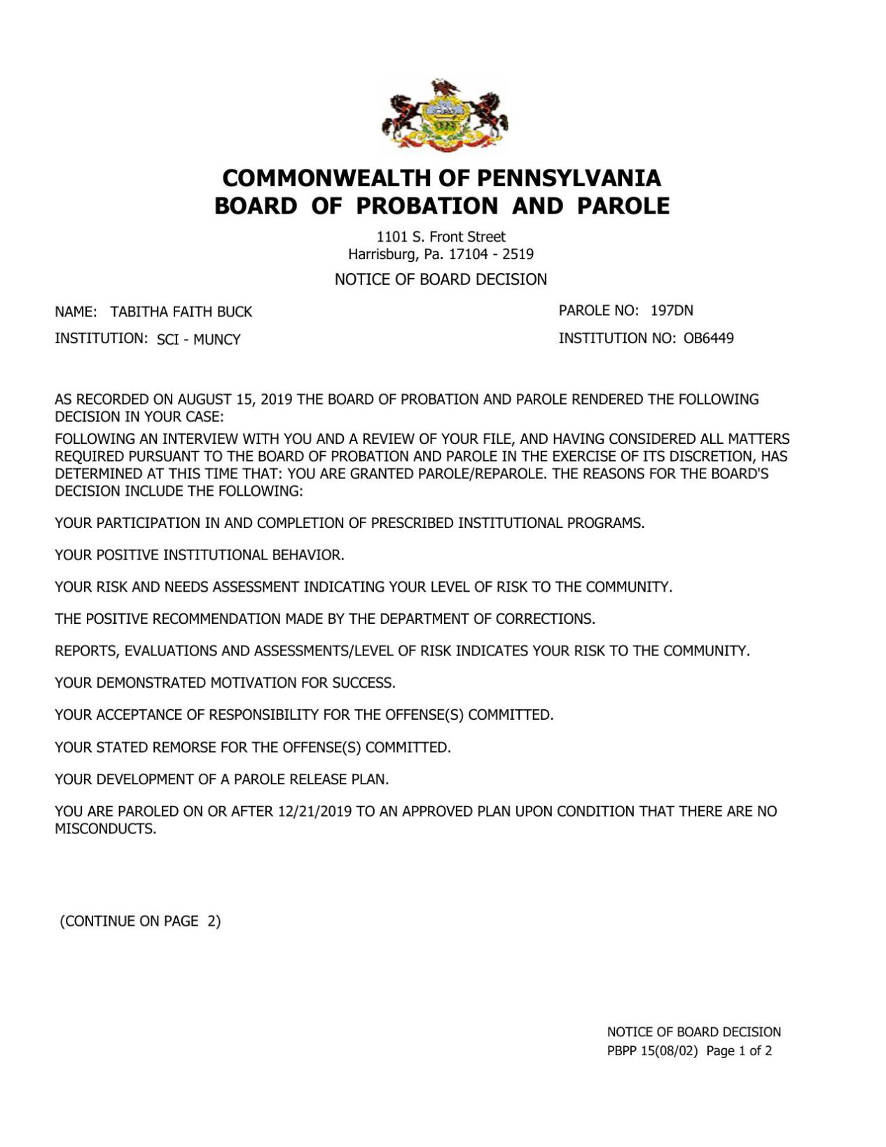 Here are the conditions under which Tabitha Buck could be paroled ...