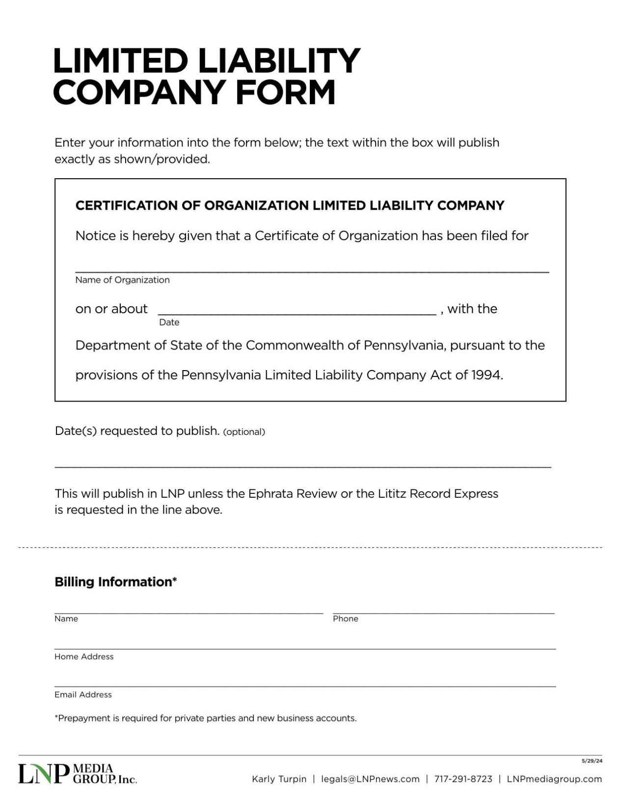 Limited Liability Company (LLC) Form | Advertising | lancasteronline.com