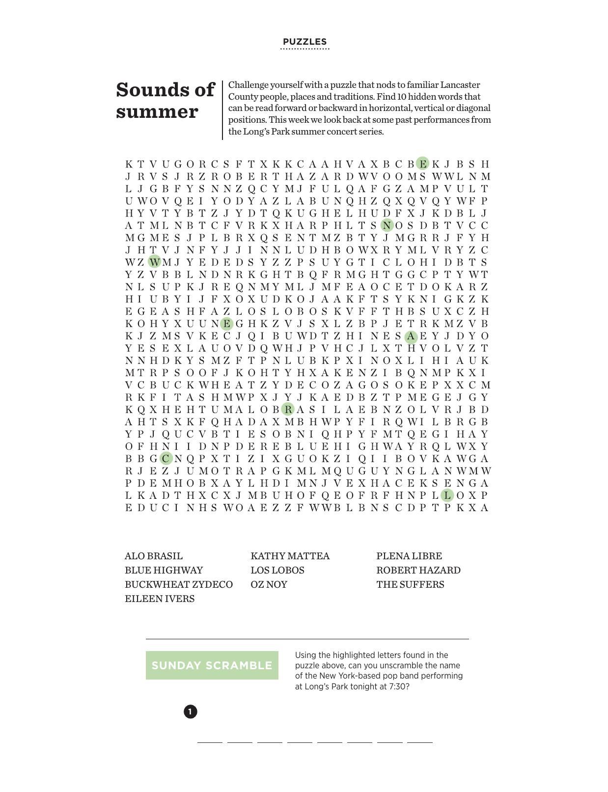 Word Search: Sounds of summer | Sunday | lancasteronline.com